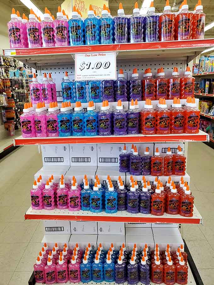 Glitter glue in every color of the rainbow because crafting shouldn't cost more than your car payment.