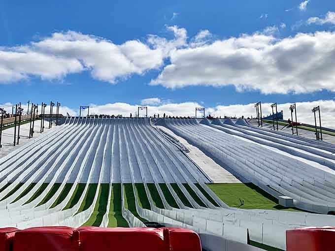 Snow tubing lanes stretch endlessly under blue skies, defying everything you thought you knew about Florida winters.