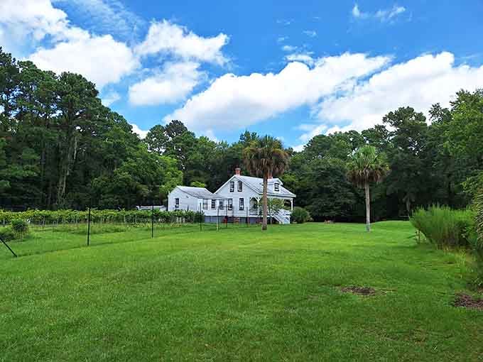 Historic island architecture stands surrounded by lush greenery, a peaceful reminder of simpler times and slower living.