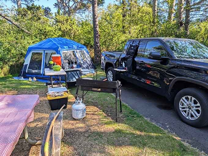 This campsite setup shows that modern camping involves more gear than a small expedition, and we're totally okay with that.