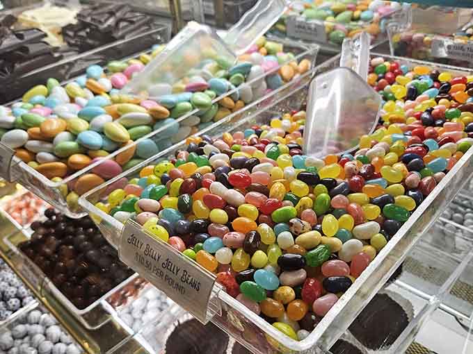 Jelly beans in every color of the rainbow fill the bins like edible confetti, ready to brighten anyone's day instantly.