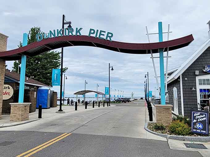 The Dunkirk City Pier welcomes visitors with modern charm and promises of fresh air, good times, and zero pretension.