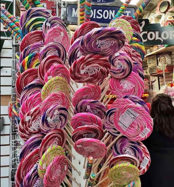 Giant swirled lollipops tower like candy architecture, proving size absolutely matters when it comes to sugar.