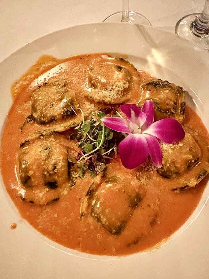 Lobster ravioli swimming in sauce that could make a vegetarian reconsider their entire life philosophy, honestly.