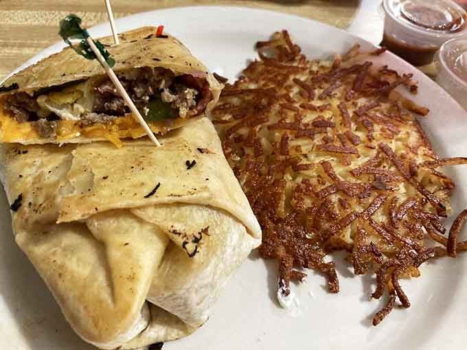 Hash browns so perfectly crispy they could win awards, paired with a burrito that means serious business.