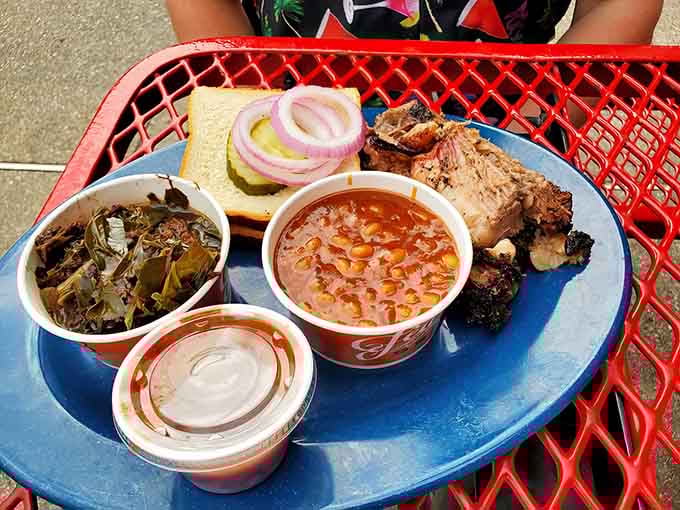Brisket and ribs on one plate with all the fixings, basically everything your taste buds have been dreaming about.