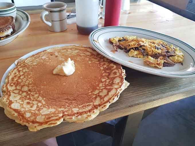 Pancakes the size of dinner plates paired with an omelet that means serious breakfast business.