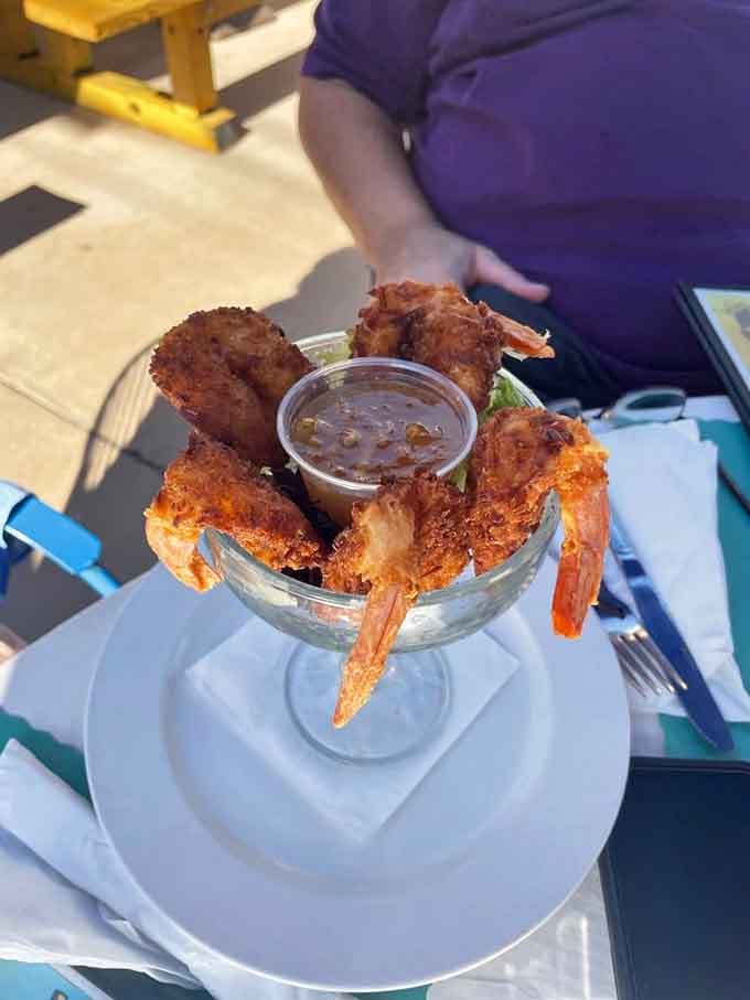 Coconut shrimp presented like royalty, because sometimes fancy plating happens even in the most delightfully casual places.