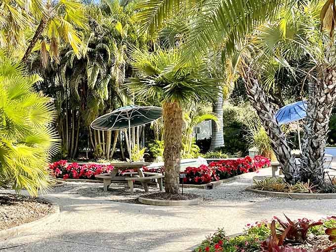 Palm-shaded seating areas invite you to pause and remember that relaxation is actually free in Florida.