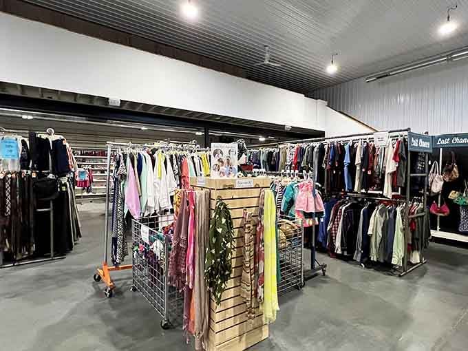 Clothing racks stretching endlessly offer fashion finds that let you look great without the guilt trip.