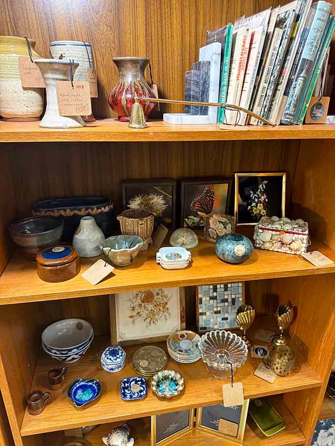Shelves overflow with ceramic treasures and vintage finds that spark joy before Marie Kondo made it trendy.