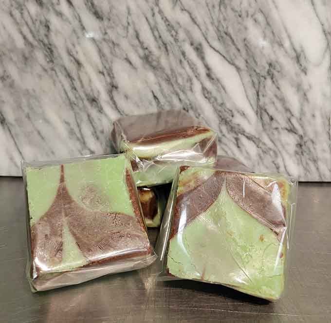 Mint chocolate fudge wrapped and ready to travel, though good luck making it home without sneaking a bite.
