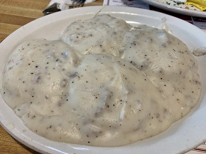 A full order of biscuits and gravy that could feed a small army or one very happy person.