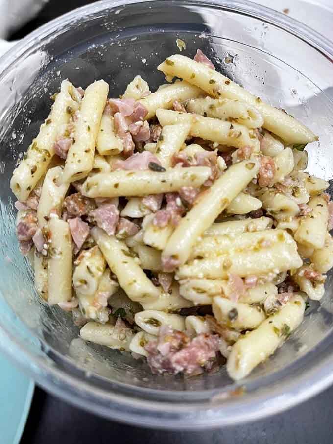 This pasta salad situation looks like someone's Italian grandmother got very generous with the portions and nobody complained about it.