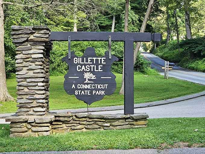 Even the entrance sign has character, welcoming visitors to Connecticut's most unexpected state park with medieval flair.