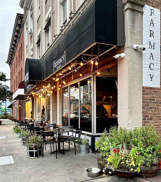 String lights and sidewalk seating create the kind of dining atmosphere that makes you forget you're wearing elastic waistbands.