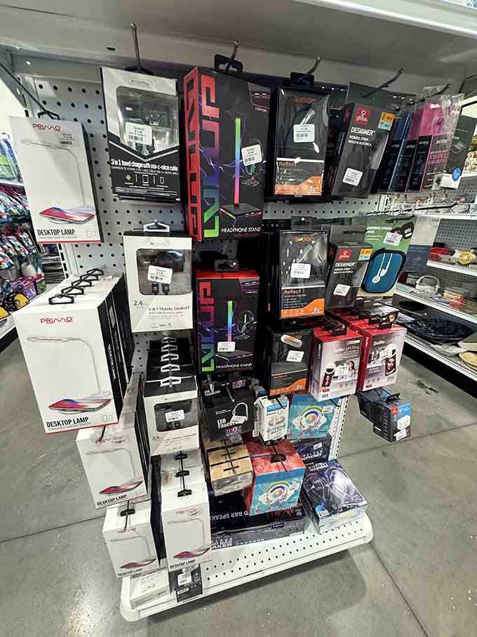 Tech accessories organized better than most people's lives, proving thrift stores have seriously upgraded their game lately.