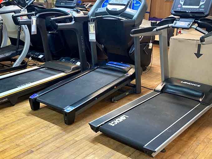 Treadmills lined up like they're ready to race, making fitness goals suddenly seem more affordable.
