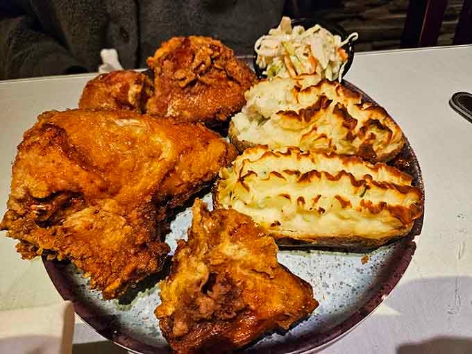 Fried chicken and waffle fries proving that some combinations are simply meant to be, diet be damned.
