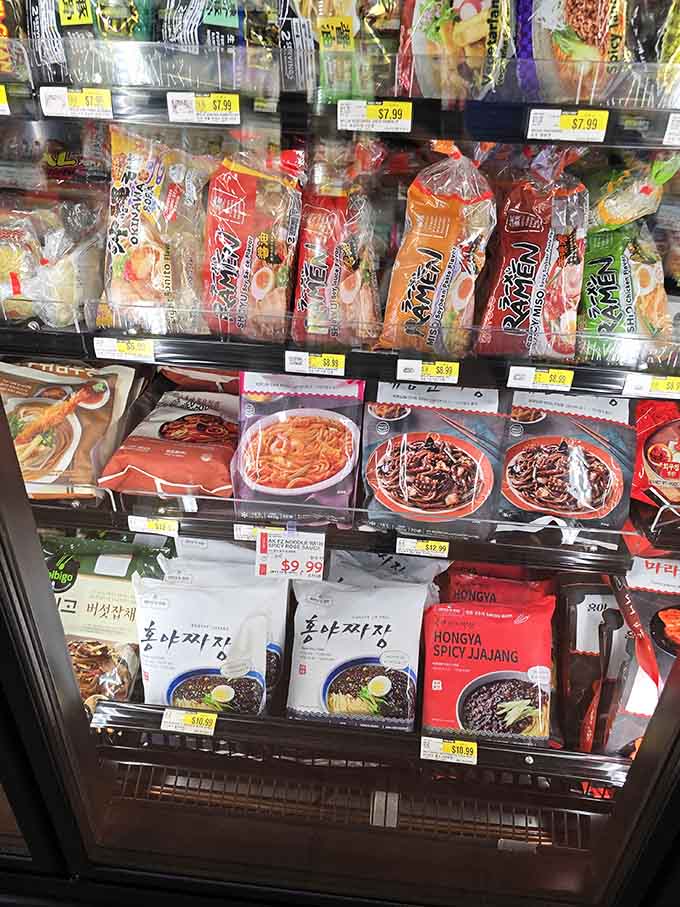 Instant noodle packages stack up in flavors ranging from classic to "did someone actually create this" adventurous.