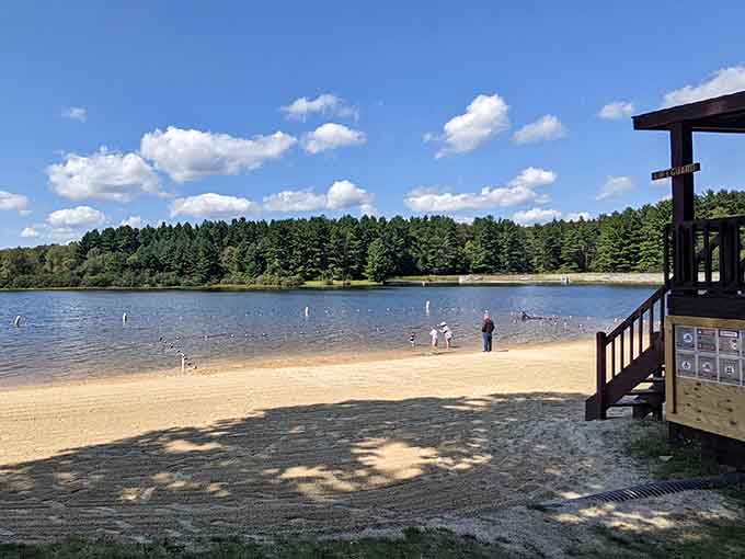 The sandy beach where Maryland's mountains meet swimming weather, lifeguard tower and all.