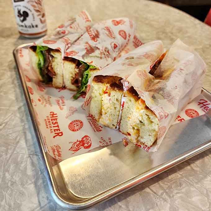 Sandwiches wrapped and ready to fuel your day, because even bakery lovers need actual sustenance sometimes.