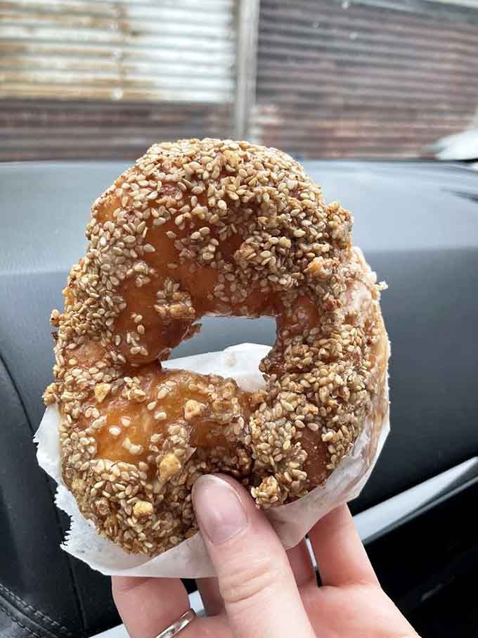 Toasted sesame seeds coating a donut like nature's own sprinkles, because sometimes sophistication comes in unexpected packages.