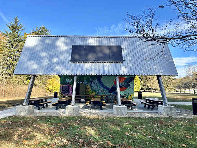 A covered picnic area that protects your potato salad from surprise rain showers and overly ambitious seagulls alike.