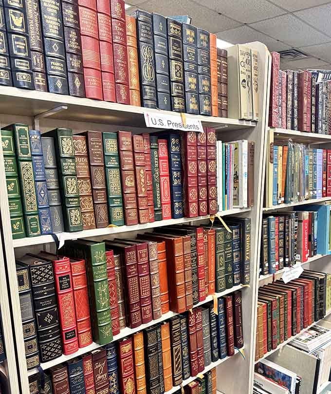 Those gorgeous leather-bound volumes lined up like soldiers remind you that books were once treasured heirlooms.