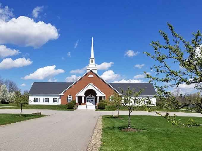 Grace Presbyterian Church's steeple reaches skyward, a landmark visible from blocks away in every direction.