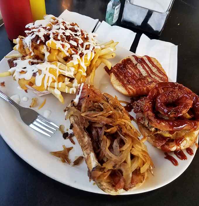 The Robert Honey Burger loaded with everything plus cheese fries, because moderation is overrated today.