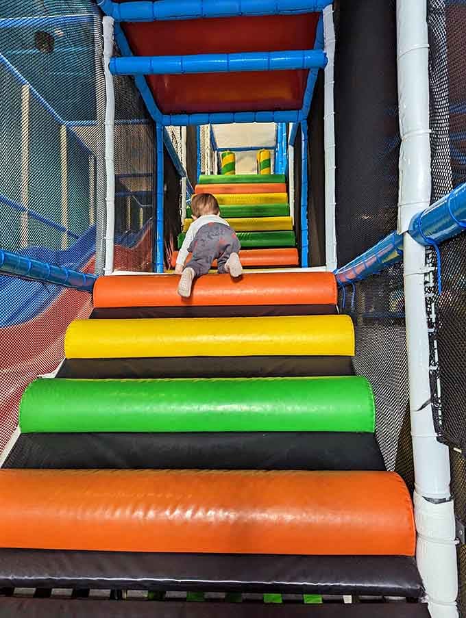 Rainbow steps leading upward to adventures that would make even the most cautious parent crack a smile.
