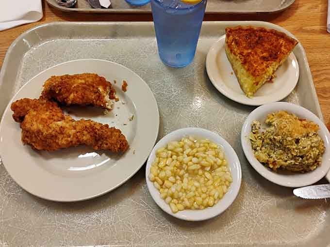 Fried chicken, corn, and cornbread form the holy trinity of cafeteria dining that never goes out of style.