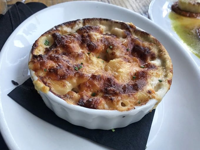 Lobster mac and cheese with that golden-brown top that makes grown adults consider ordering two.