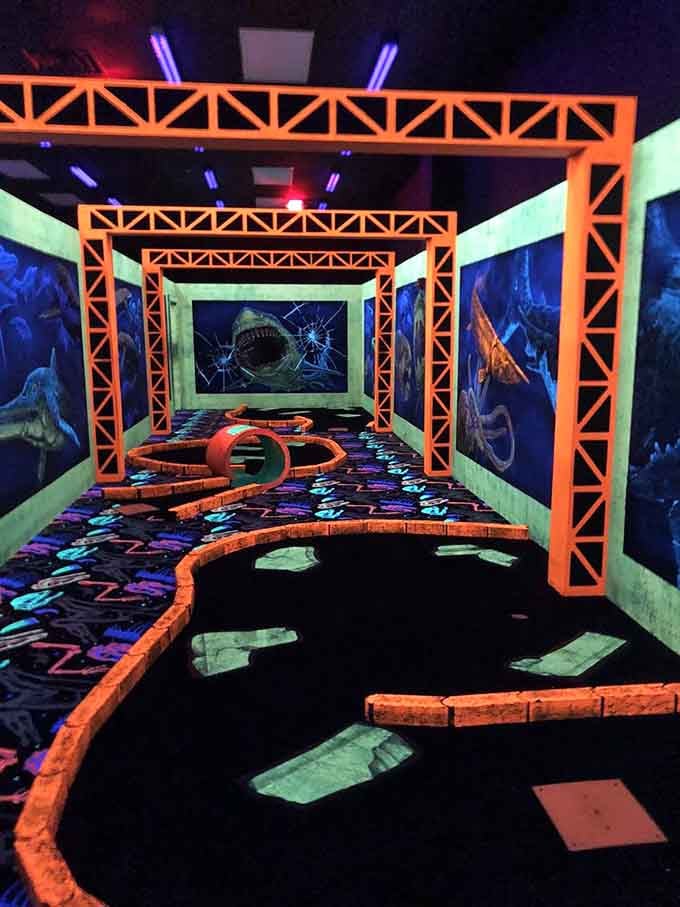 Navigate past obstacles while dinosaur skeletons watch your every move, silently judging your putting technique.