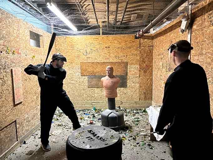 Even mannequins aren't safe from the therapeutic chaos, standing there like the world's most patient punching bag.