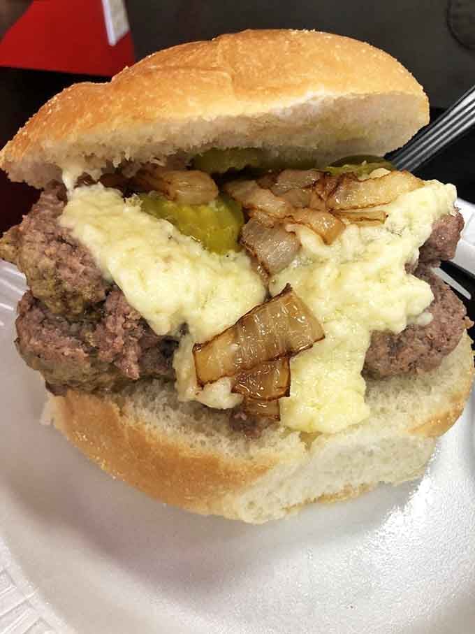 Caramelized onions atop that double steamed burger create a sweet-savory symphony that would make even Lawrence Welk tap his toes.