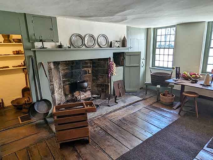 That fireplace could roast enough food to feed Washington's entire army, back when kitchens doubled as heating systems.