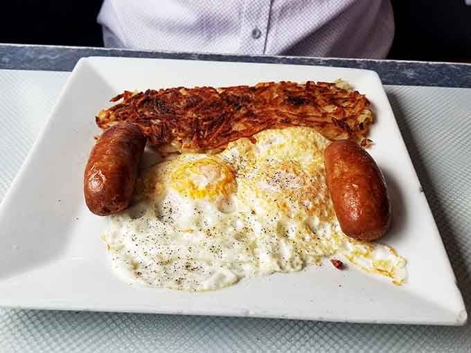 Hash browns achieving peak crispiness, eggs cooked to order, and toast that actually tastes like something&mdash;breakfast perfection achieved.