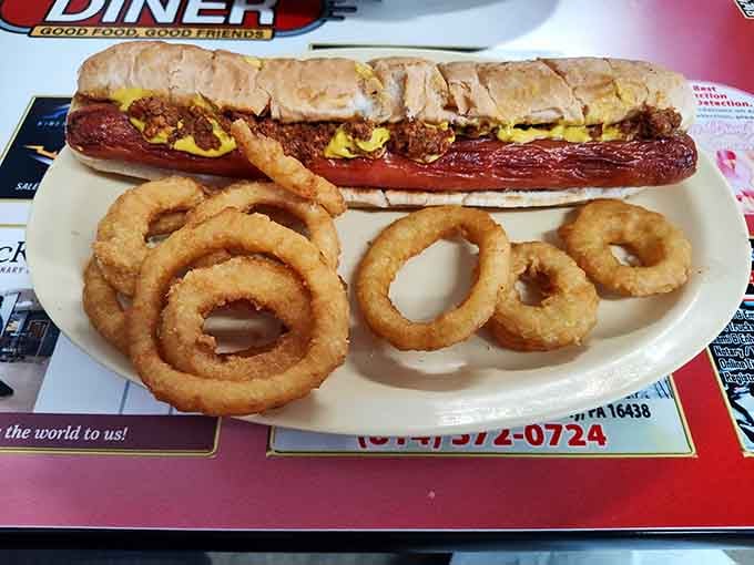 A foot-long hot dog with onion rings is the kind of lunch that makes you forget about salads.