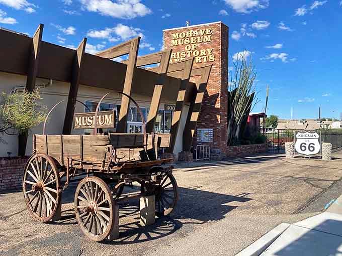 That old wagon out front isn't decoration, it's an invitation to step back when travel meant something entirely different.