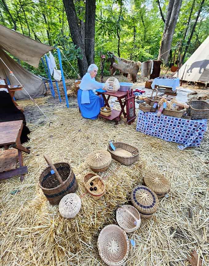 Handwoven baskets and period crafts demonstrate skills that made Pinterest look like amateur hour before Pinterest existed.