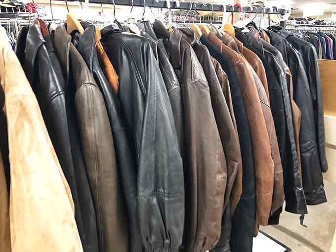 Leather jackets lined up like a biker gang convention, each one cooler than anything you'll find at the mall.