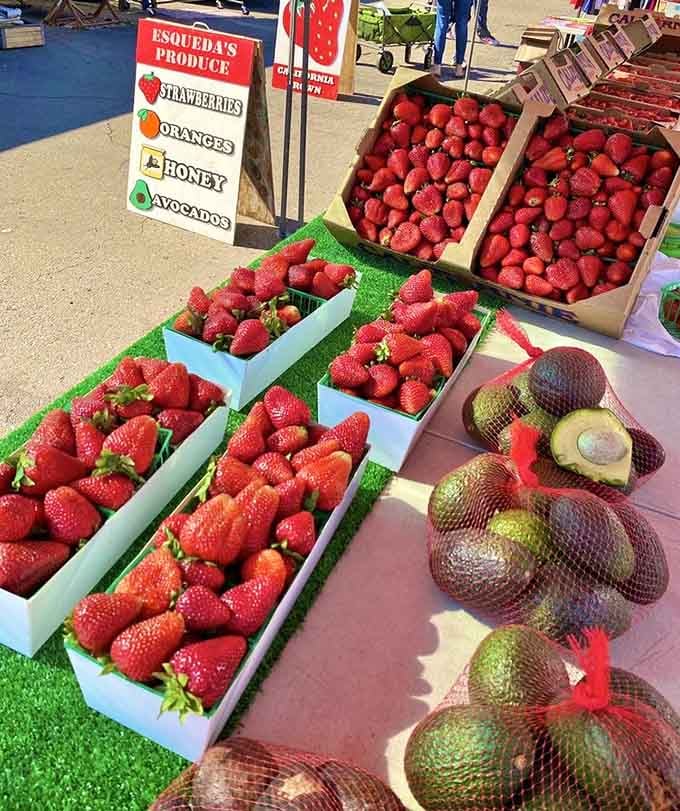 Esqueda's strawberries shine like rubies while those avocados promise perfect guacamole for your next gathering, fresh and gorgeous.