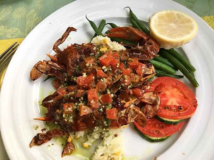 Soft shell crab prepared with French finesse, proving international cooperation can be absolutely delicious when done right.