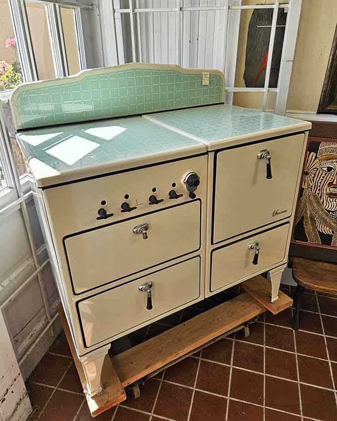 That vintage enamel stove cooked countless family meals before microwaves made us all lazy, and it's still gorgeous.