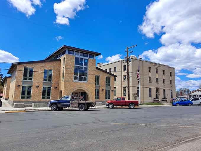 Modern meets historic in this town scene, where mountains frame every view like nature's own artwork.