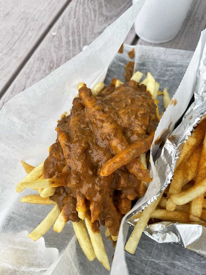 Chili cheese fries that could make a cardiologist nervous but will absolutely make your taste buds sing.