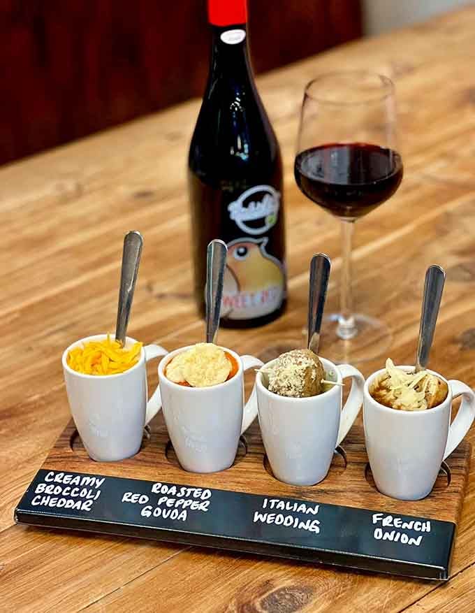 Pairing soup flights with red wine is the kind of sophisticated comfort that makes you feel fancy without trying too hard.