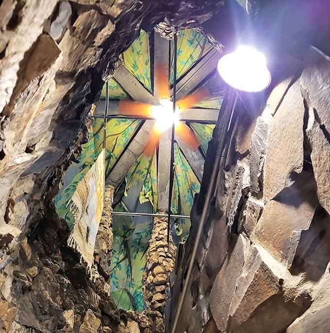 Looking up reveals a canopy that blurs the line between indoor gallery and enchanted forest.